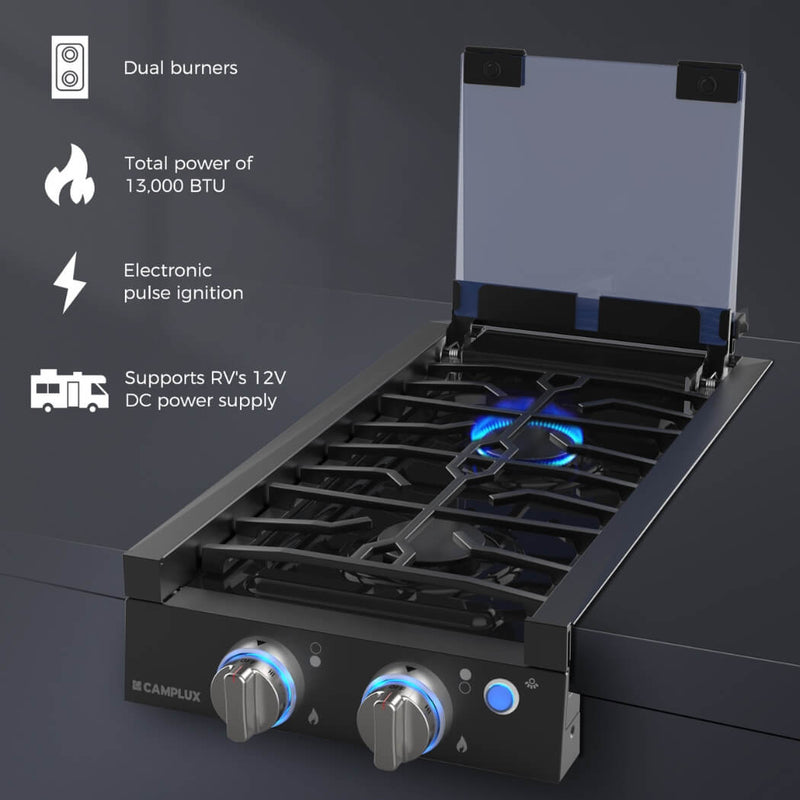 Home Camplux 2 Burners 12" RV Cooktop Slide-in Gas Stove with Cover