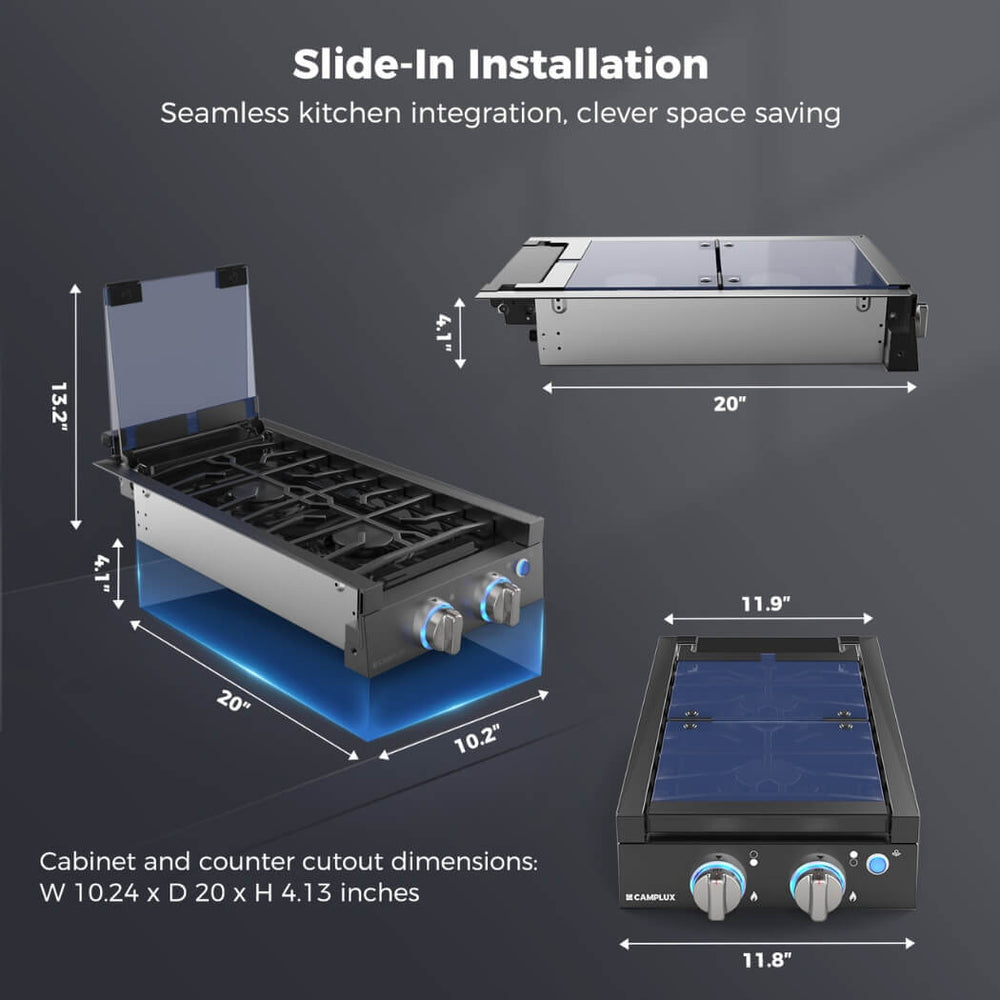 Home Camplux 2 Burners 12" RV Cooktop Slide-in Gas Stove with Cover